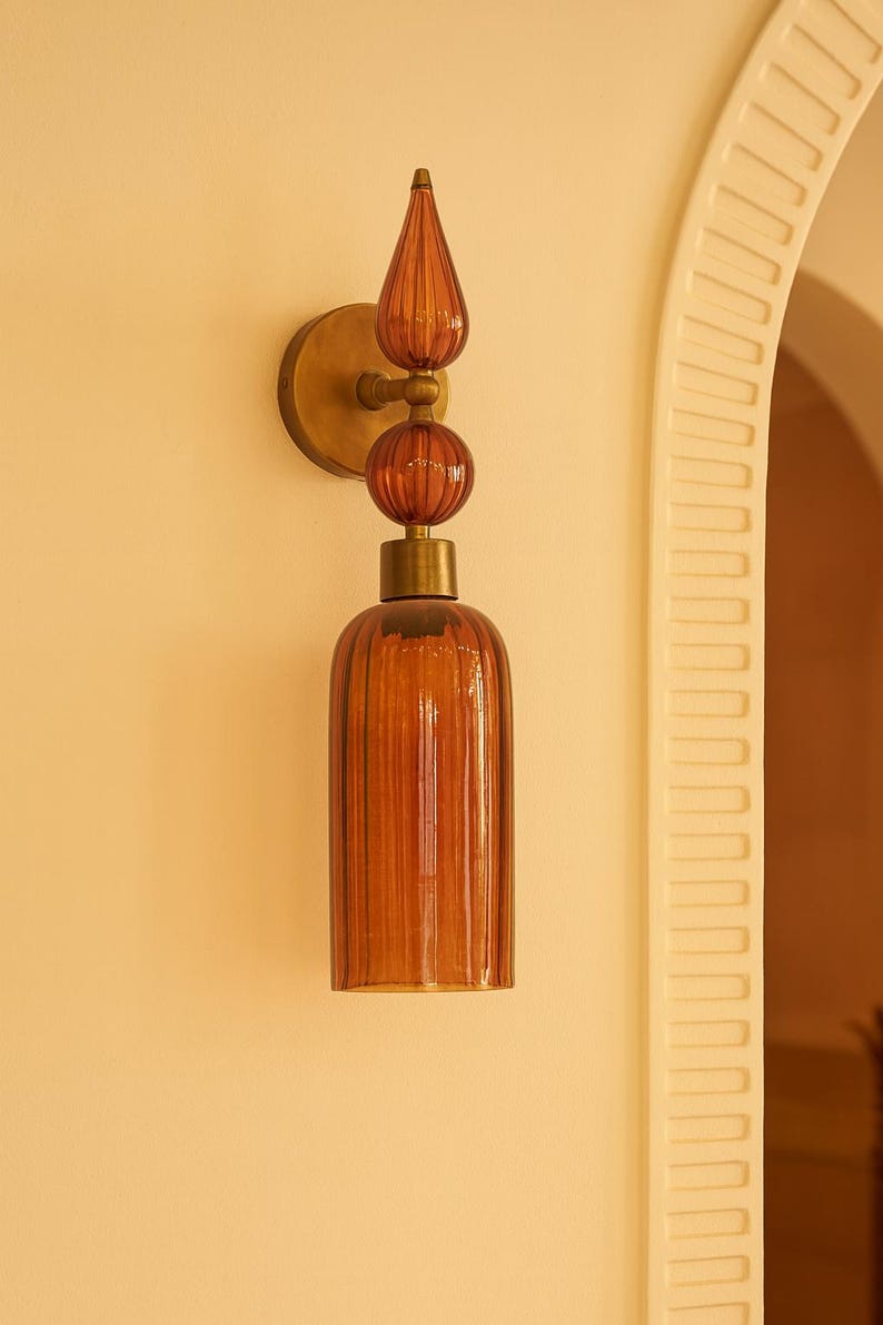 Hand Blown Glass Wall Sconce: Amber Ribbed Shade, Brass Fixture ...