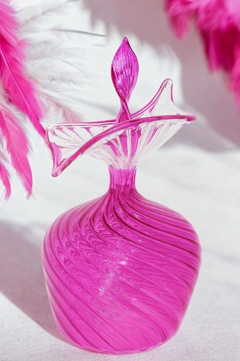 Hand-blown Pink Glass Perfume Bottle | Swirl Design, Flower Stopper ...