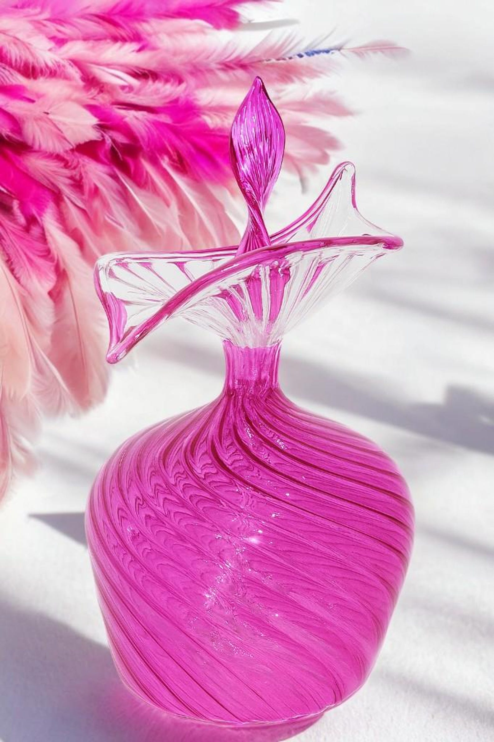 Hand-blown Pink Glass Perfume Bottle | Swirl Design, Flower Stopper ...