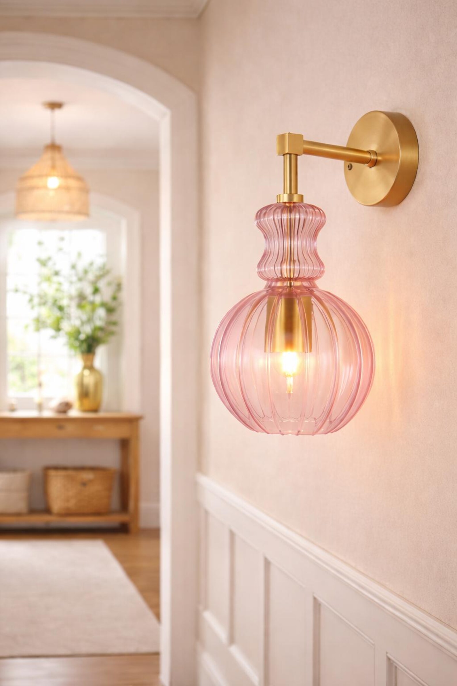 Hand Blown Pink Glass Wall Sconce | Modern Brass Wall Light | Ribbed ...