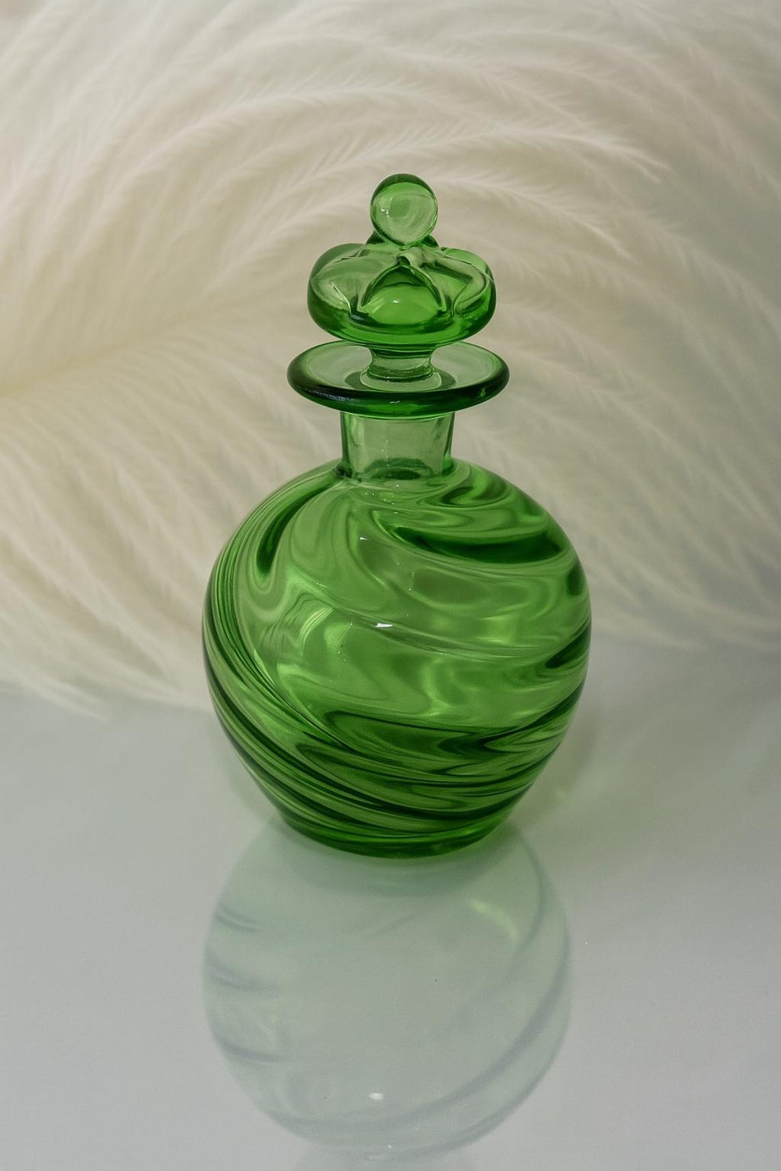 Handblown Green Glass Perfume Bottle With Stopper: Elegant Swirled ...
