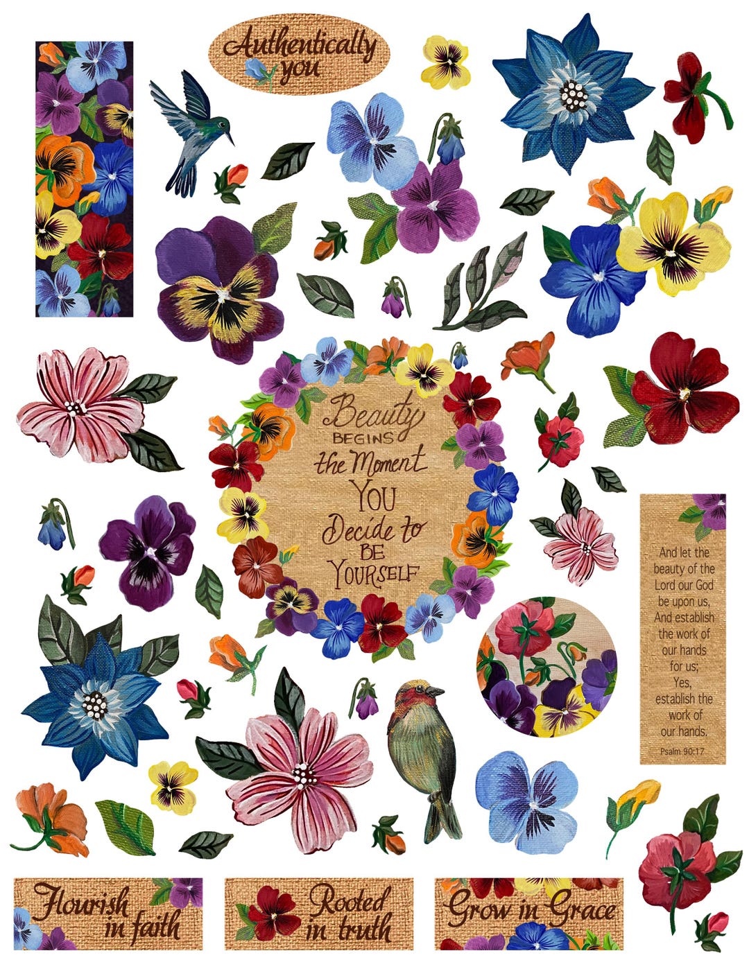 Pansy & Bird Sticker Sheet: Watercolor Florals, Inspirational Quotes ...