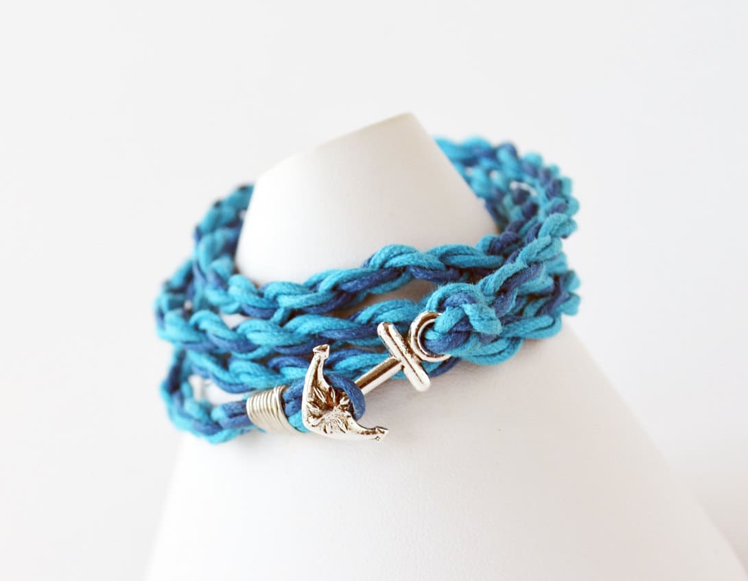 Nautical Jewelry Silver Boat Anchor Charm Wrap Bracelet Cotton Wrist ...