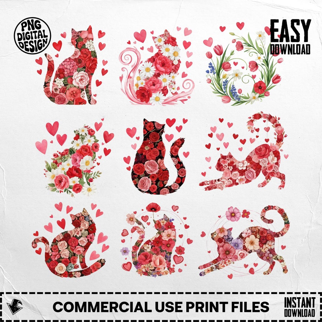 Floral Cat and Hearts PNG, Floral Cat Clipart, Cat Png, Flower Png ...