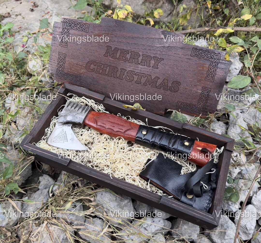 Hand Forged Viking Axe, Bearded Camping Axe With Wooden Box, Christmas ...