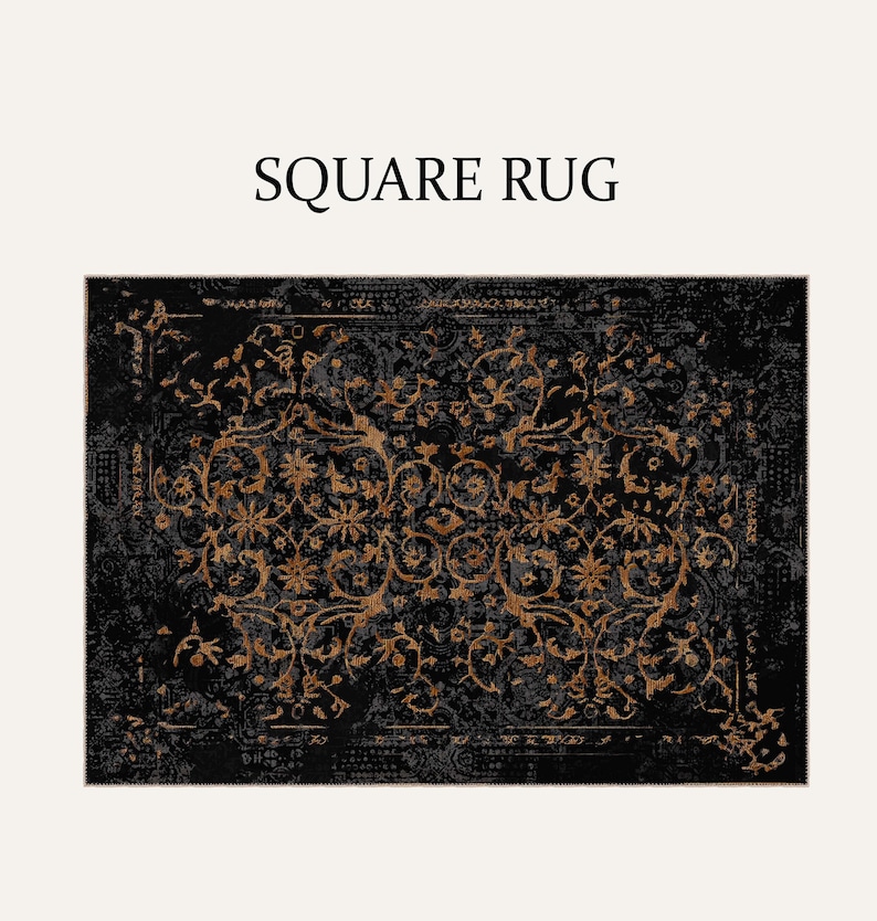 Vintage Look Gothic Rug: Dark Black Bohemian Style, Washable Cotton ...