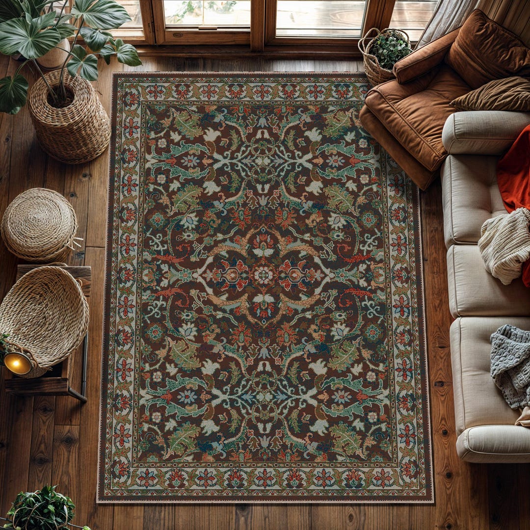 Dark Green Bohemian Rug: Vintage Style Anatolian Print, Cotton Blend ...