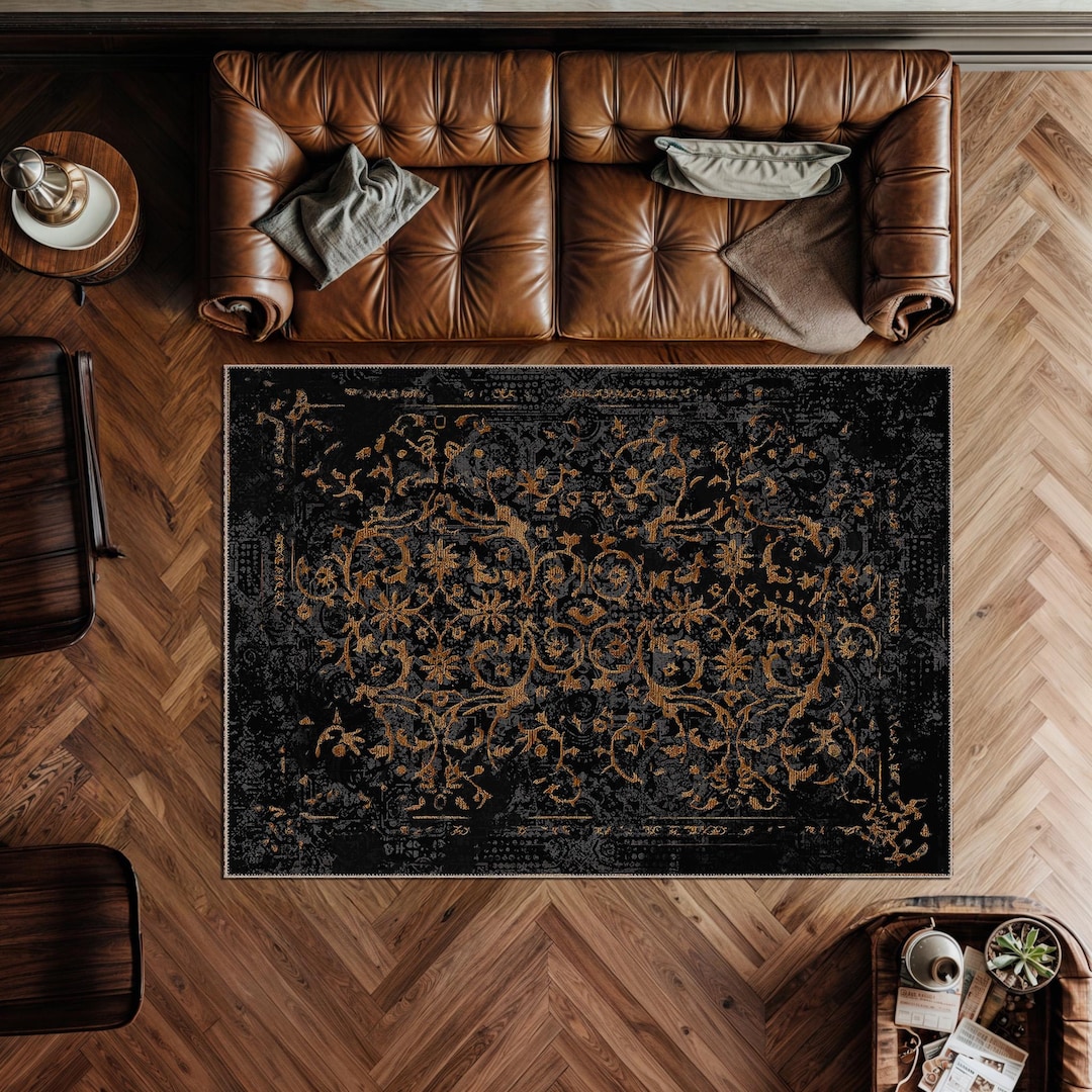 Vintage Look Gothic Rug: Dark Black Bohemian Style, Washable Cotton ...