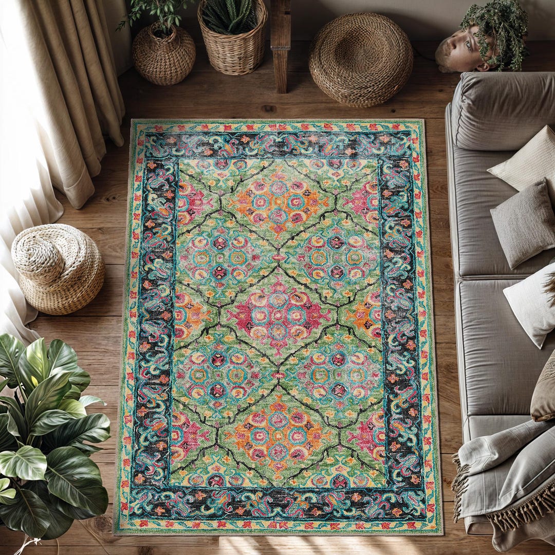 Green Floral Rug, Large Bohemian Rug, Area Rug, Custom Size Rug, Rugs ...