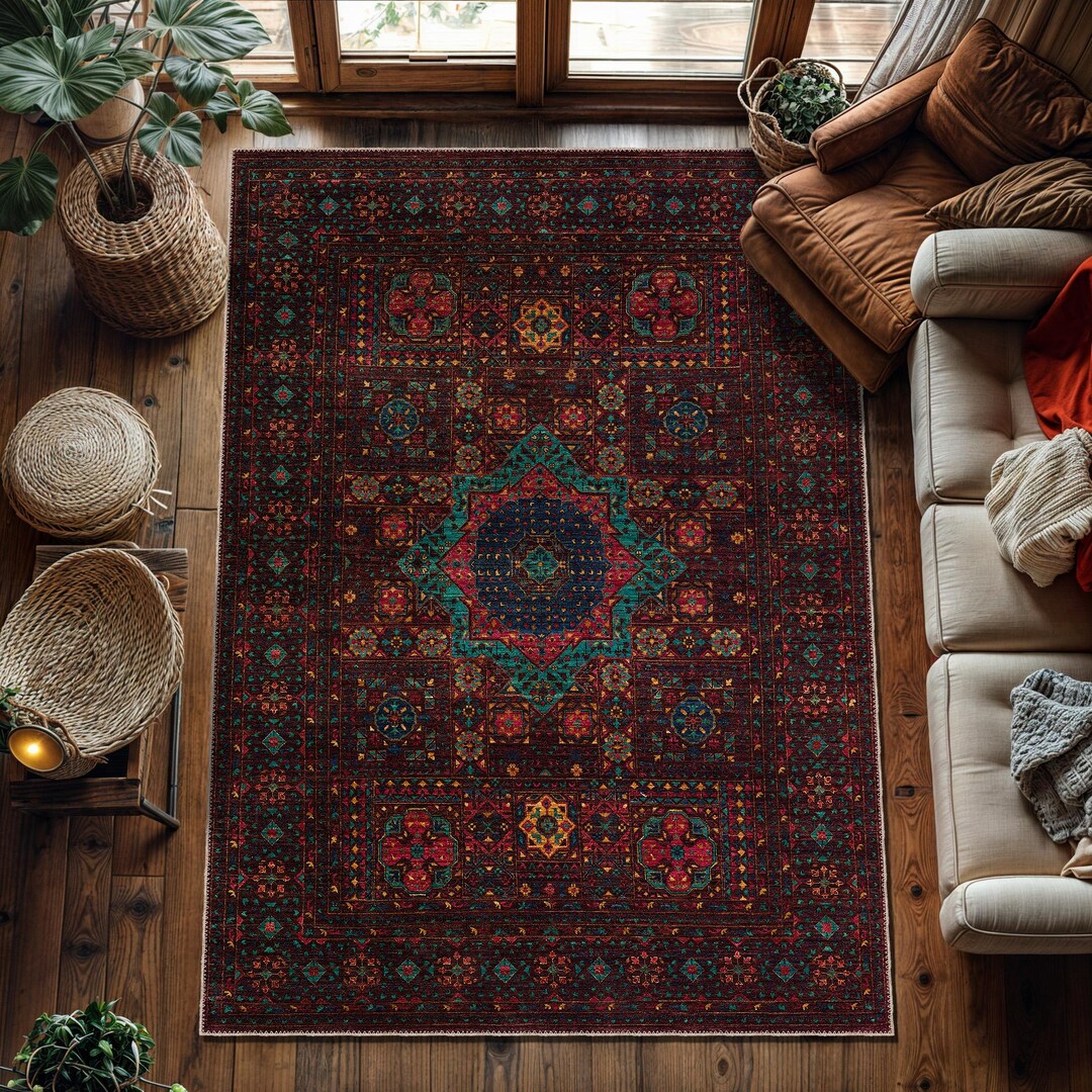 Dark Red Rug, Distressed Vintage Kilim Style Area Carpet, Shabby Chic ...