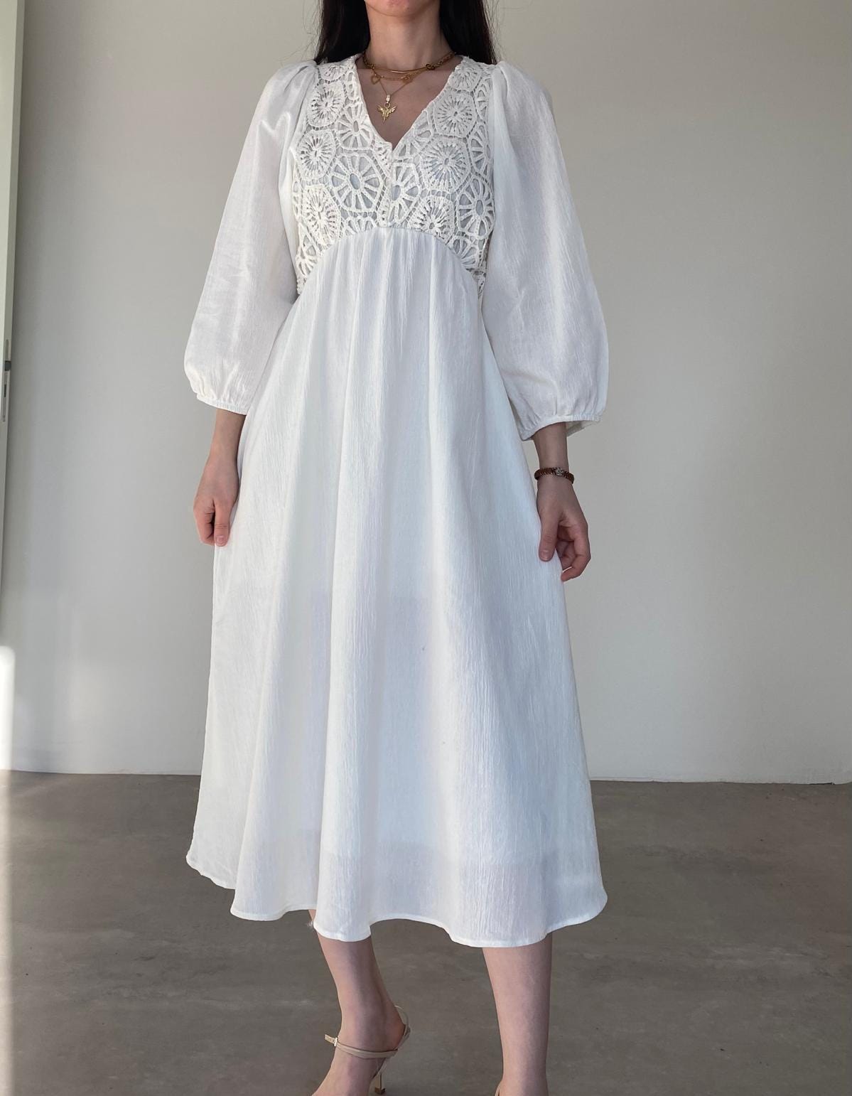 White Boho Midi Dress – Cotton Linen Dress With Lace Detail–long Sleeve ...