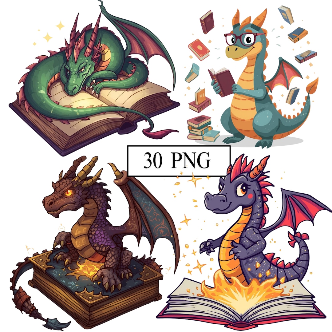 Dragon Books PNG Fantasy Dragon Clipart Illustrations, Whimsical Books ...