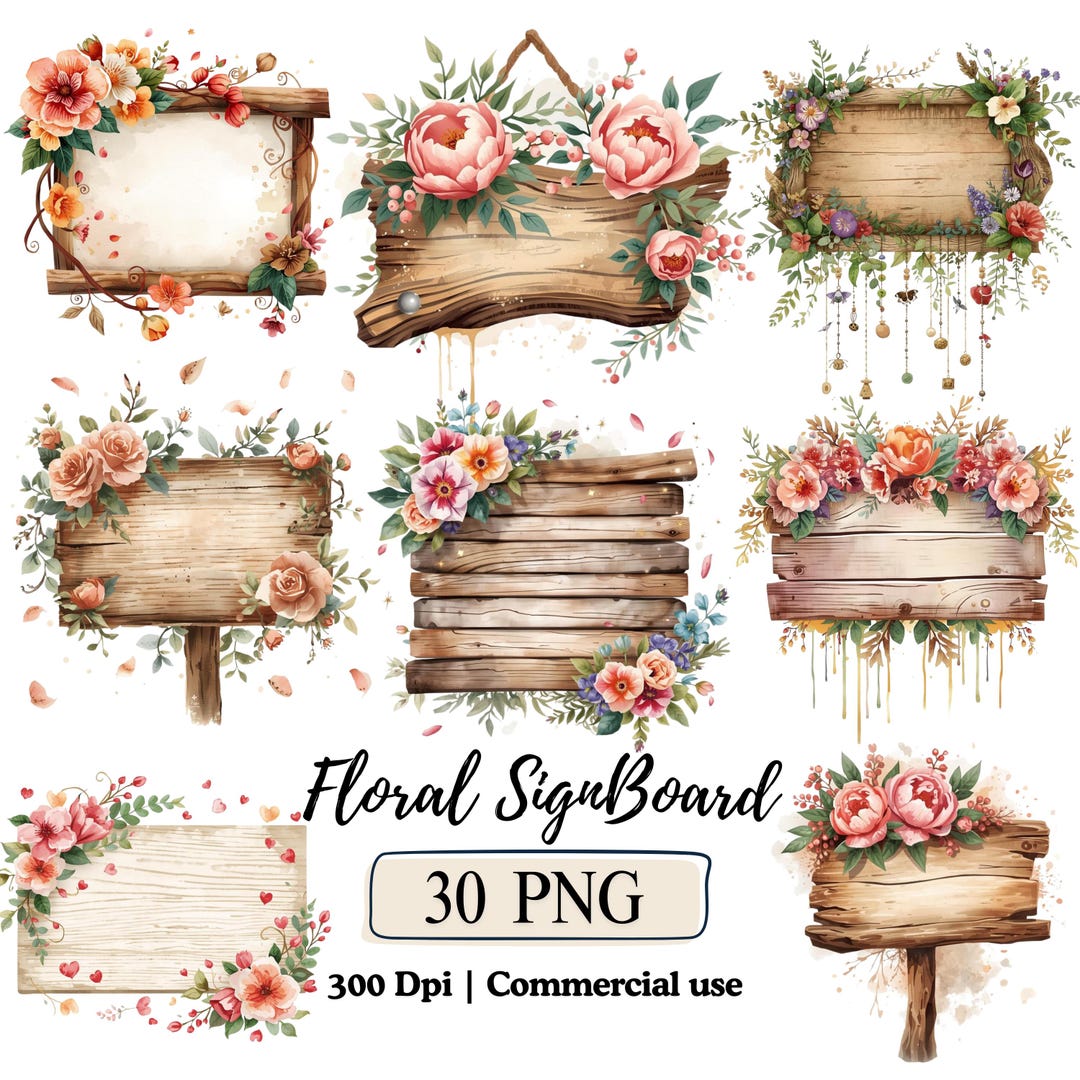 Floral Signboard Png Blank Message Board Clipart Bundle, Fairy Wooden ...