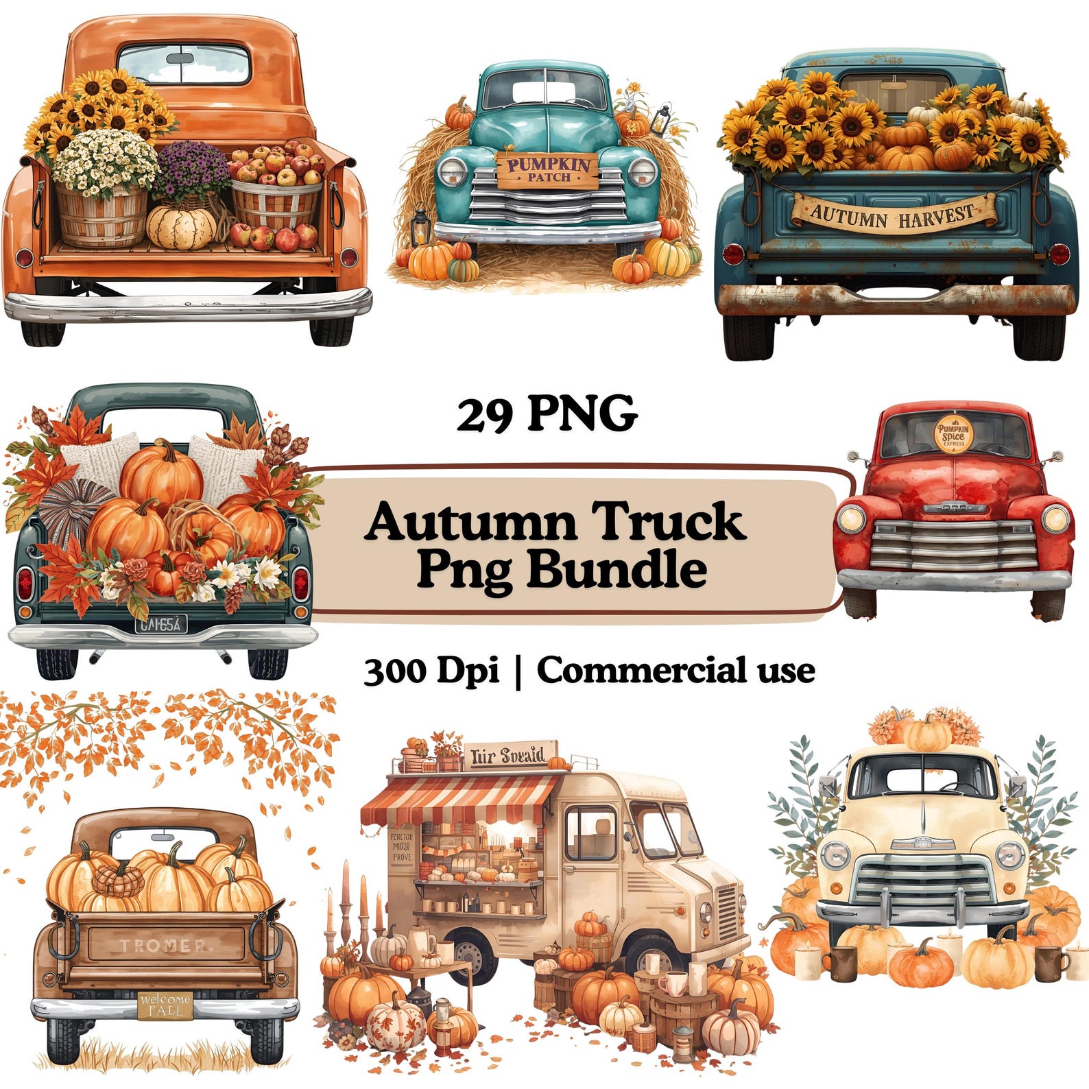 Autumn Truck Clipart PNG Bundle Fall Floral Vehicle Pumpkin Truck PNG ...
