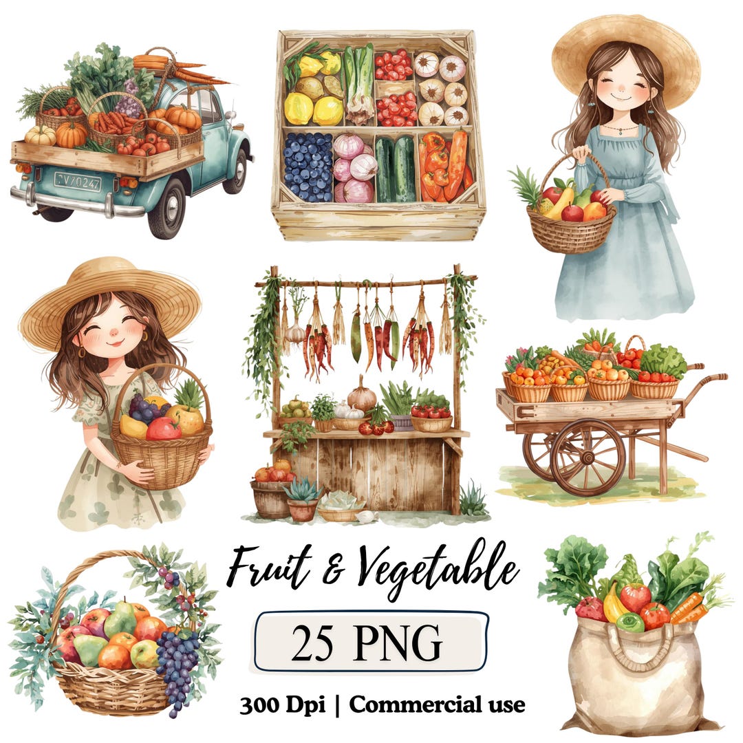 Fruit and Vegetable Clipart Bundle Watercolor Veggie & Fruit Png ...