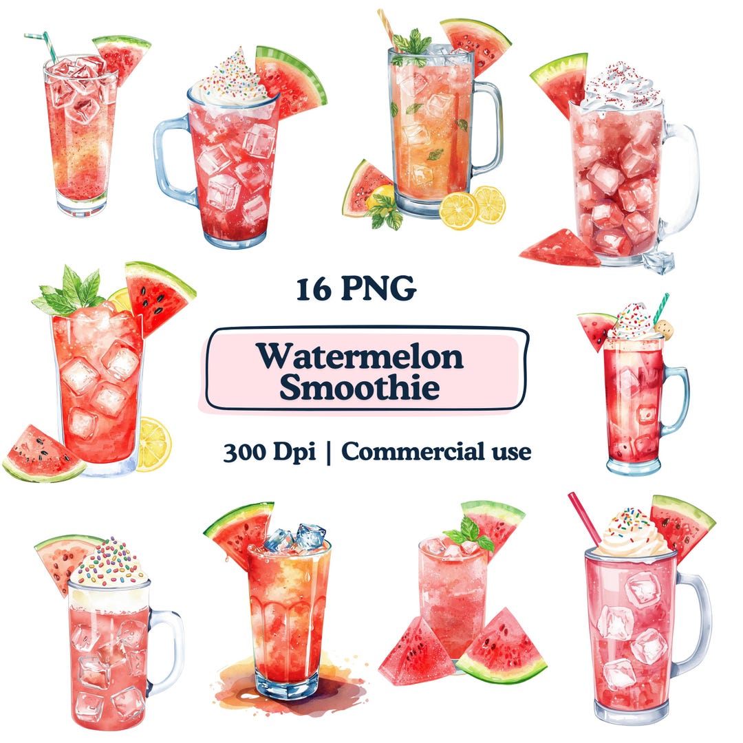 Watermelon Smoothie Clipart PNG Bundle Sublimation Design, Fruit ...