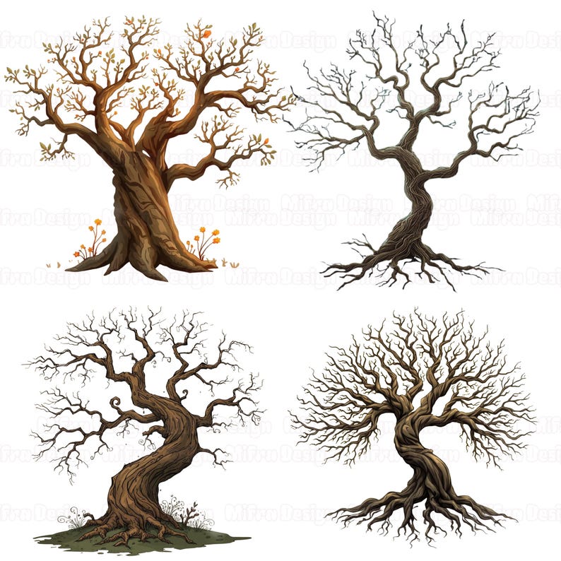 Barren Tree Clipart Watercolor Bare Tree PNG Bundle, Roots and Branches ...