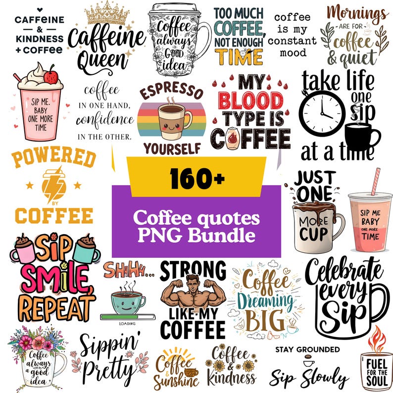 Coffee Lover Quotes PNG Bundle, Retro Coffee Clipart Bundle, Funny Coffee Designs Digital ...