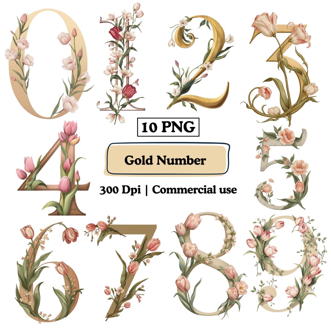 Floral Numbers 0-9 PNG Gold Letter Clipart Bundle Fairy Font Number ...