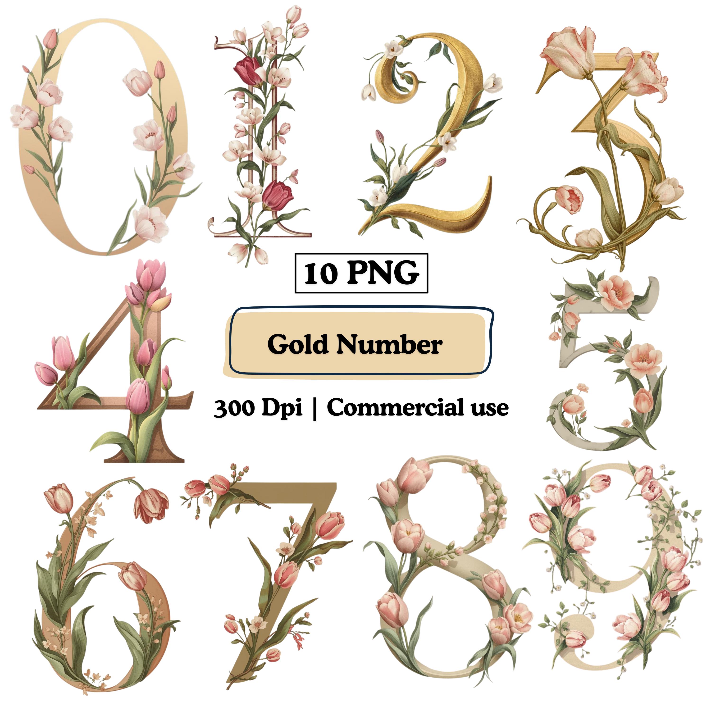 Floral Numbers 0-9 PNG Gold Letter Clipart Bundle Fairy Font Number ...