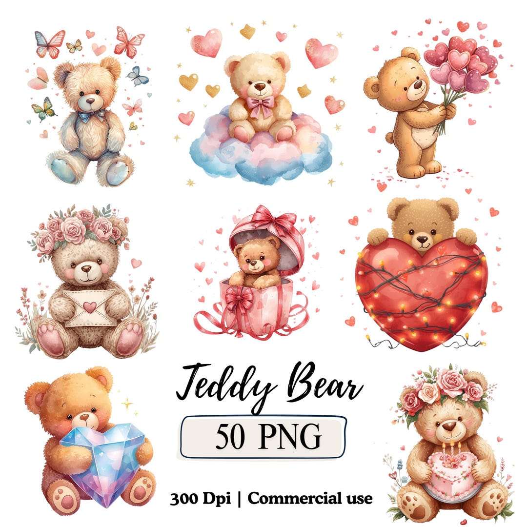 Quirky Teddy Bear Clipart Valentine's Day PNG Bundle, Love Heart Bear ...
