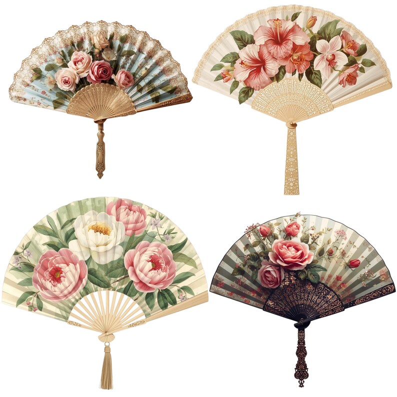 Folding Hand Fan Png Bundle Floral Fan Clipart Set Luxury Vintage Hand ...