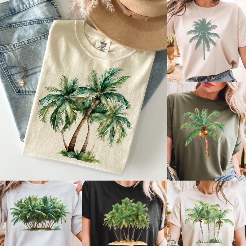 30 Palm Tree PNG Graphics Bundle, Watercolor Tropical Green Leaves ...