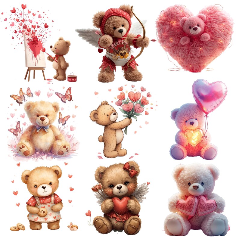 Quirky Teddy Bear Clipart Valentine's Day PNG Bundle, Love Heart Bear ...