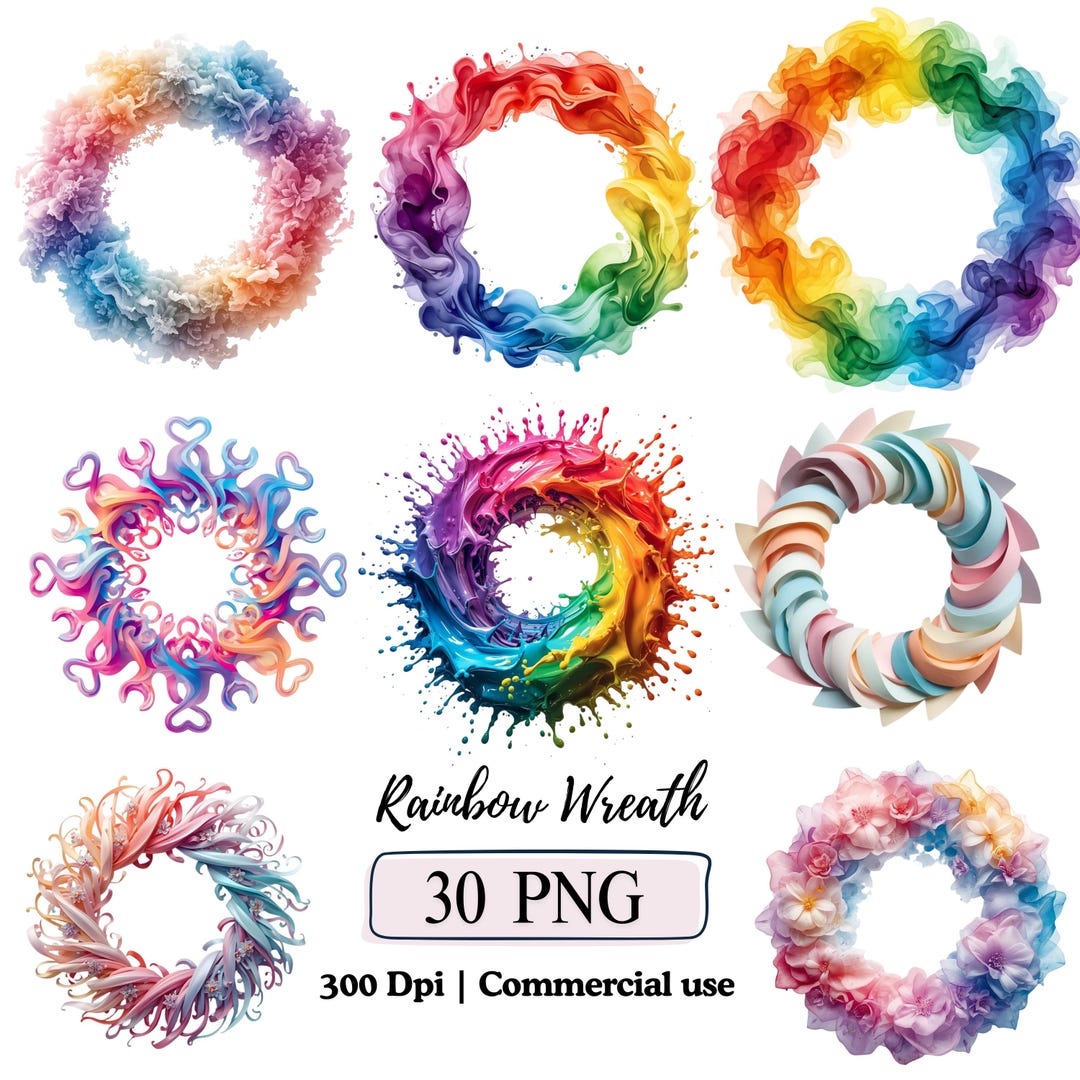 Rainbow Wreath PNG Colorful Floral Frames Clipart Bundle Watercolor ...