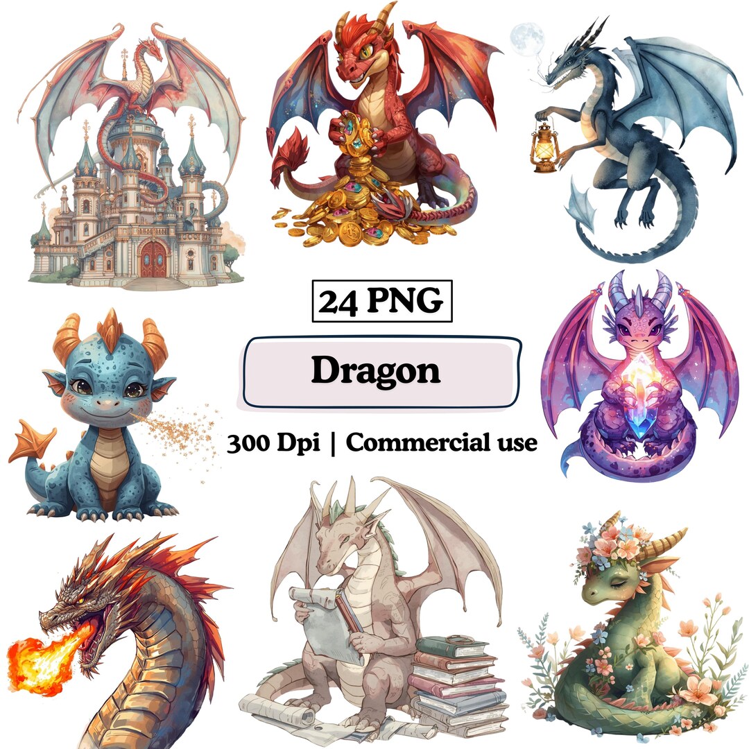 Fantasy Dragon Clipart Bundle, Watercolor Dragon Kingdom PNG, Whimsical ...
