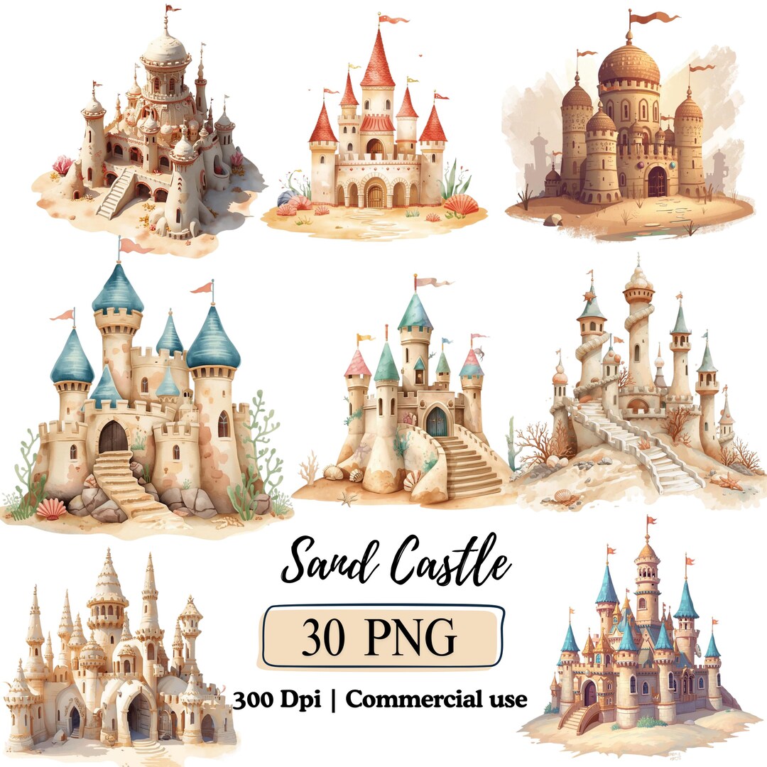 Watercolor Sand Castle PNG Beach Clipart Bundle, Colorful Summer ...