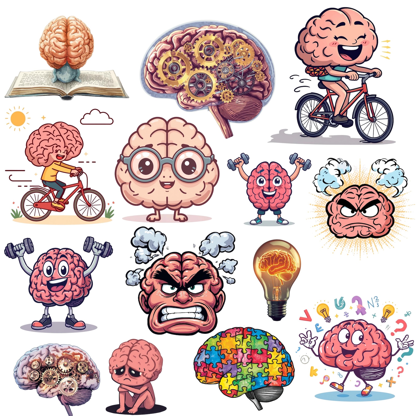 Cartoon Brain Clipart PNG Bundle Puzzle Piece Colorful Human Brain ...