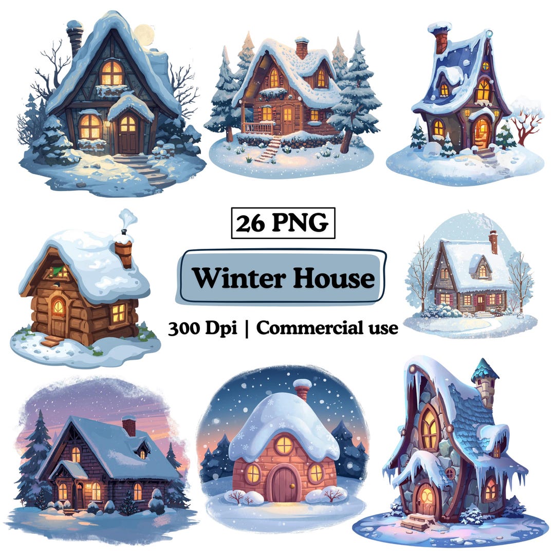 Winter Houses Clipart House Decor PNG Bundle, Cozy Cottage Whimsical ...