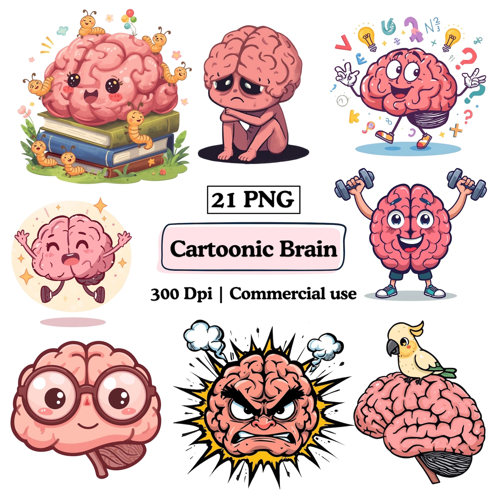Cartoon Brain Clipart PNG Bundle Puzzle Piece Colorful Human Brain ...
