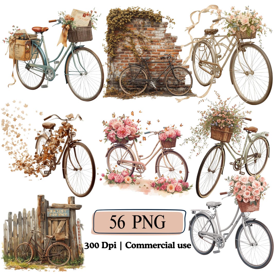 Floral Bicycle Clipart PNG Bundle, Vintage Cycling Bike Illustration ...