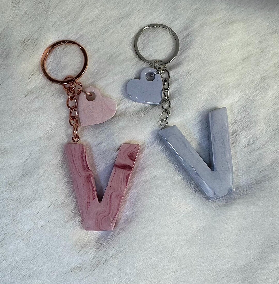 Handmade Letter Keychains Finished With Resin | Pink or Blue Marbled - Etsy