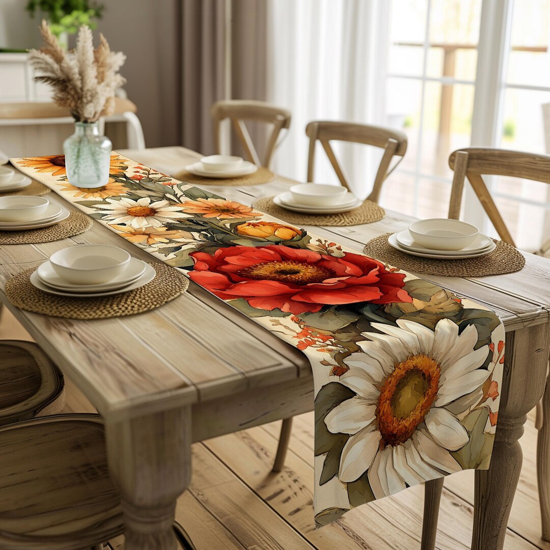 Decorative Flower Table Runner, Seasonal Floral Accent Cloth, Spring ...