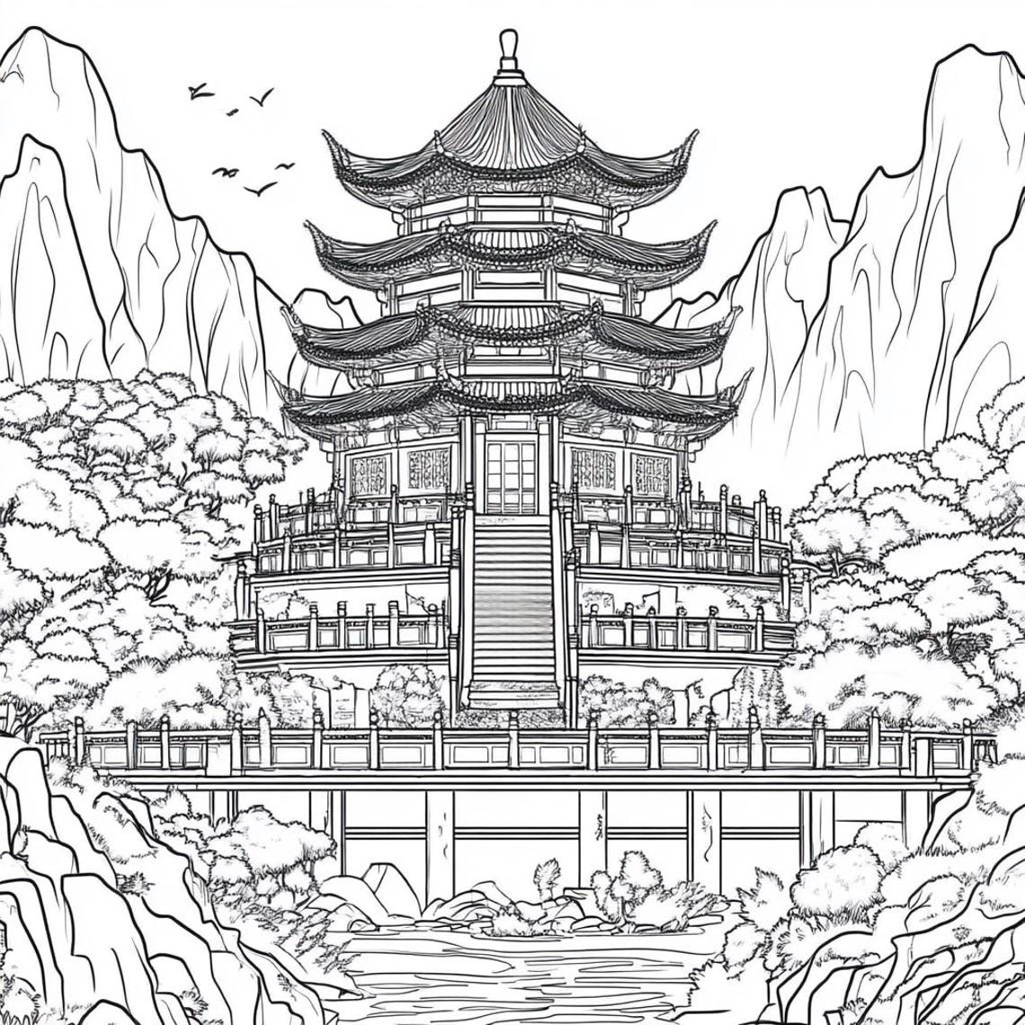 Printable Lucky Chinese Landmarks Coloring Pages | Feng Shui Inspired ...