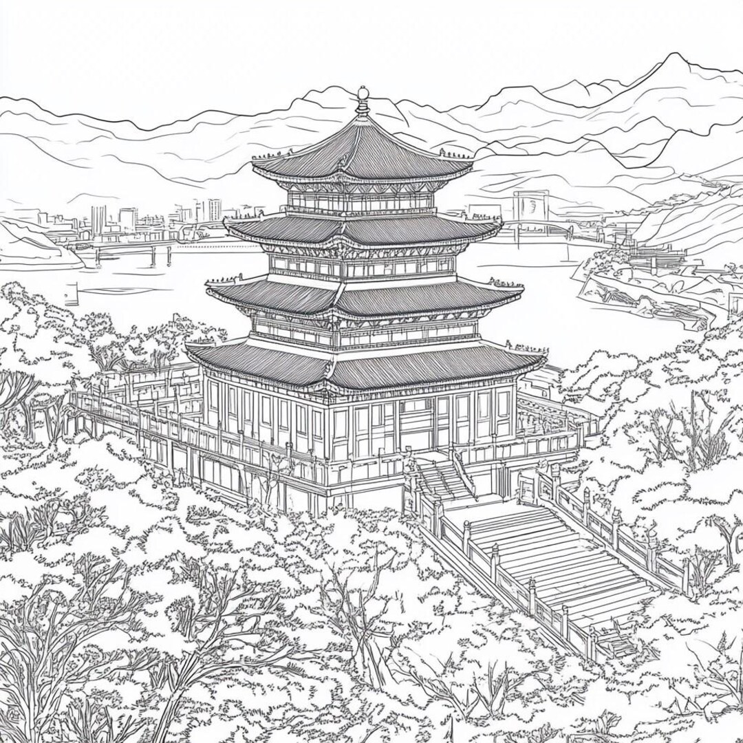 Printable Lucky Chinese Landmarks Coloring Pages | Feng Shui Inspired ...