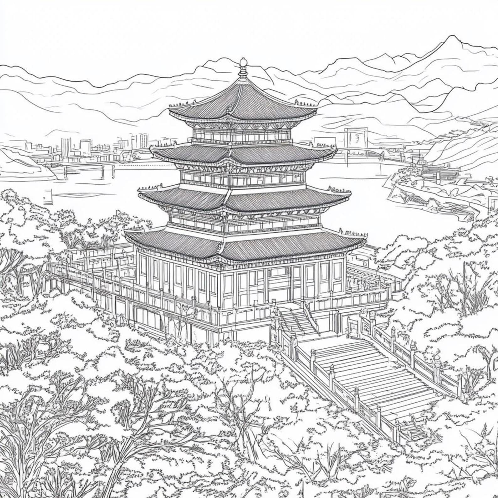 Printable Lucky Chinese Landmarks Coloring Pages | Feng Shui Inspired ...
