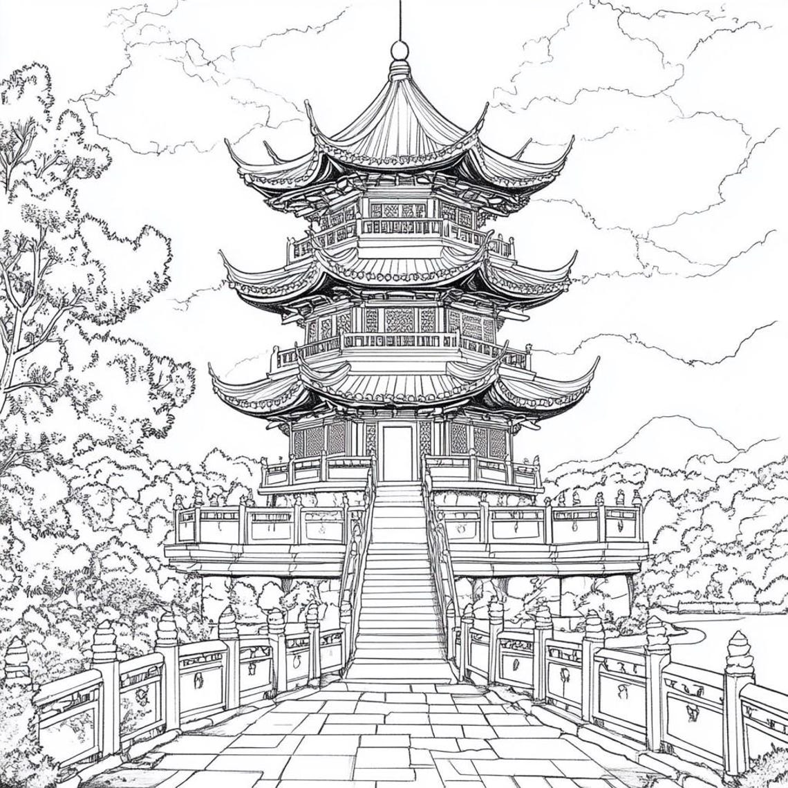 Printable Lucky Chinese Landmarks Coloring Pages | Feng Shui Inspired ...