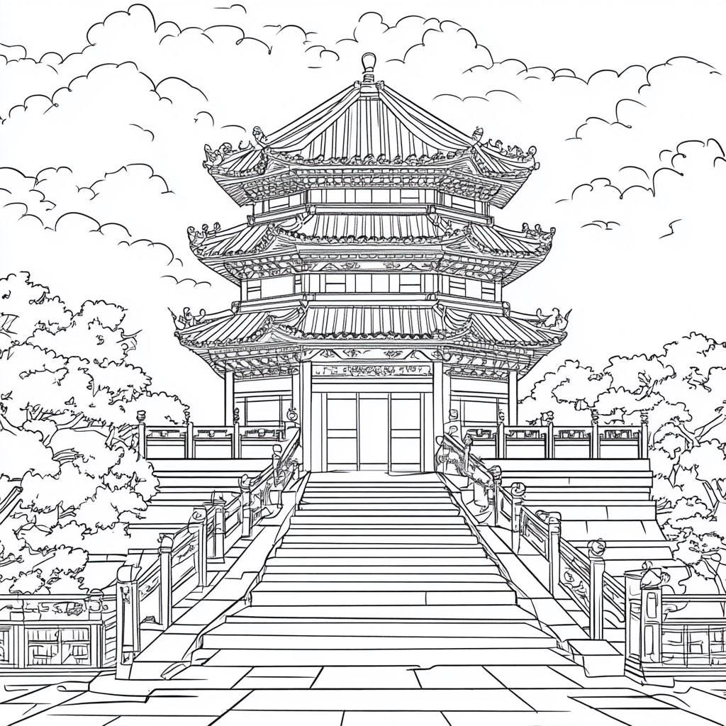 Printable Lucky Chinese Landmarks Coloring Pages | Feng Shui Inspired ...