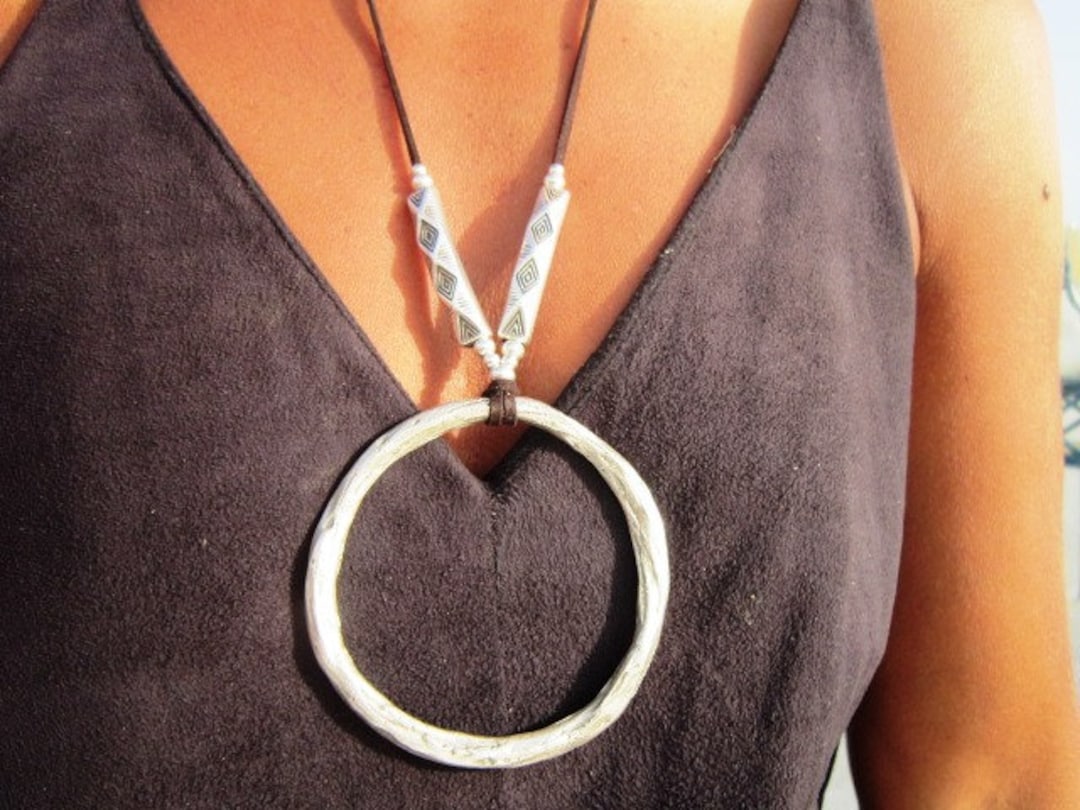 Long Necklace With Pendant, Large Silver Pendant, Bohemian Jewelry ...
