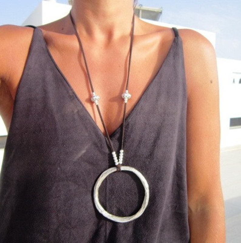 Long Necklace With Pendant Large Silver Pendant Bohemian - Etsy