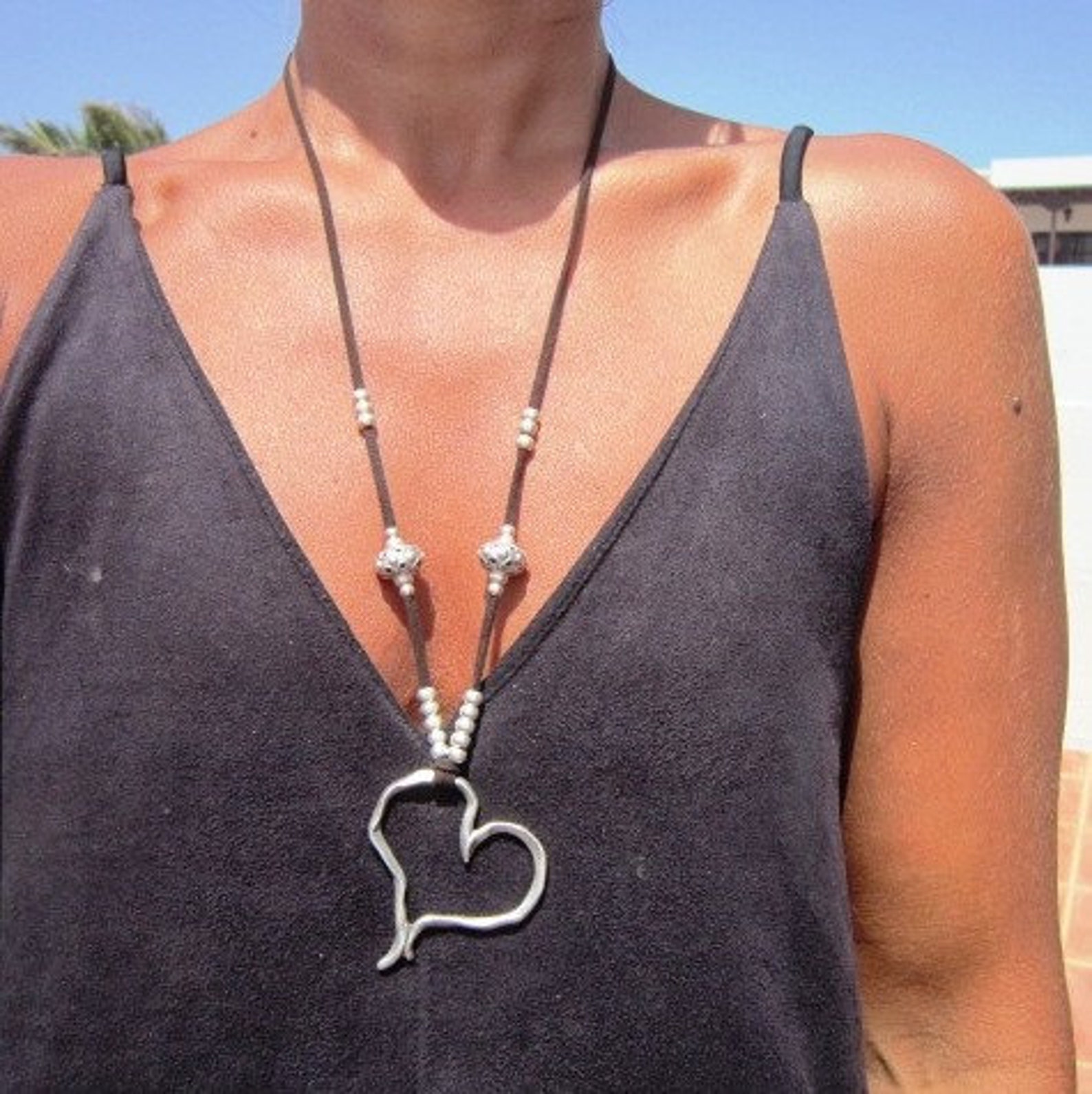 Long Necklace With Heart Pendant Large Silver Pendant | Etsy