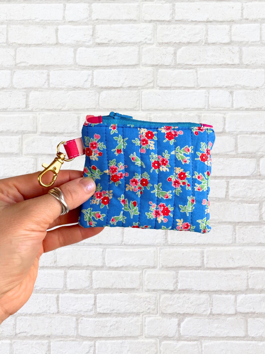 Bright Blue Floral Quilted Keychain Pouch, Mini Zippered Coin Purse ...