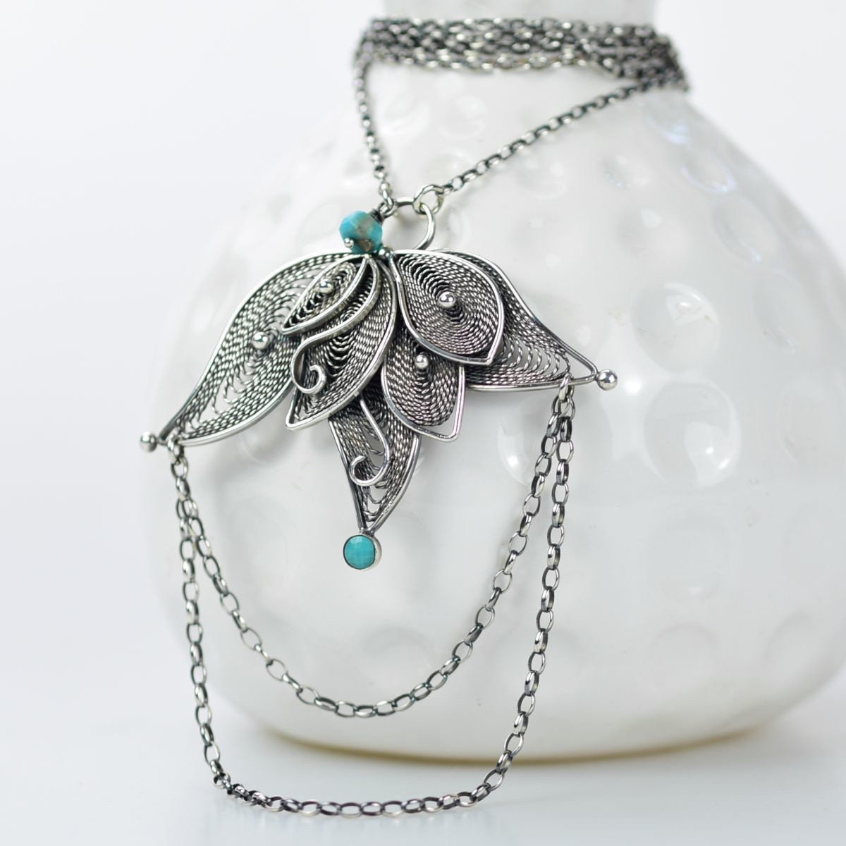 Lotus Flower Filigree Necklace Boho Turquoise Jewelry - Etsy
