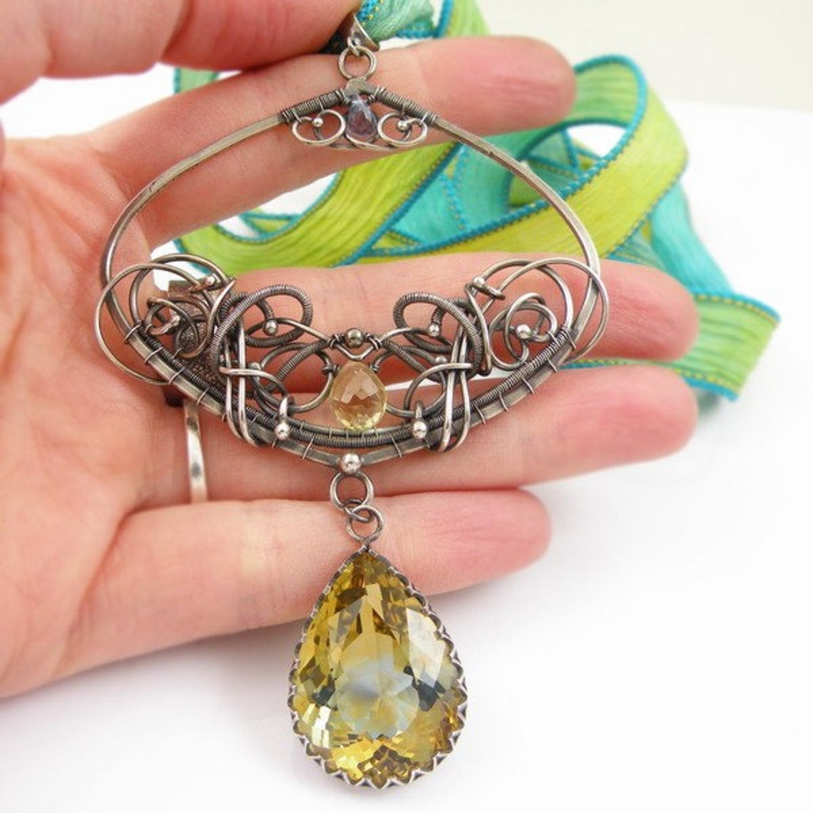 Wire Wrap Necklace Bold Statement Jewelry Silk Ribbon - Etsy