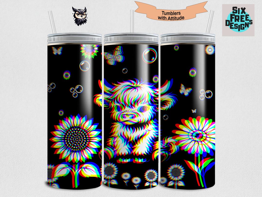 Trippy Glitch Highland Cow Tumbler Wrap: Rainbow Sunflowers ...