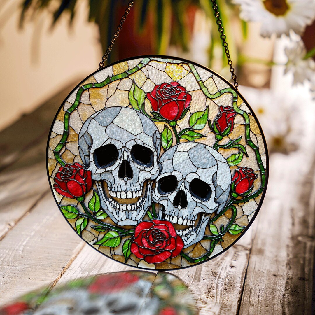 Gothic Skulls With Roses Stained Glass Suncatcher Spooky Window Decor ...